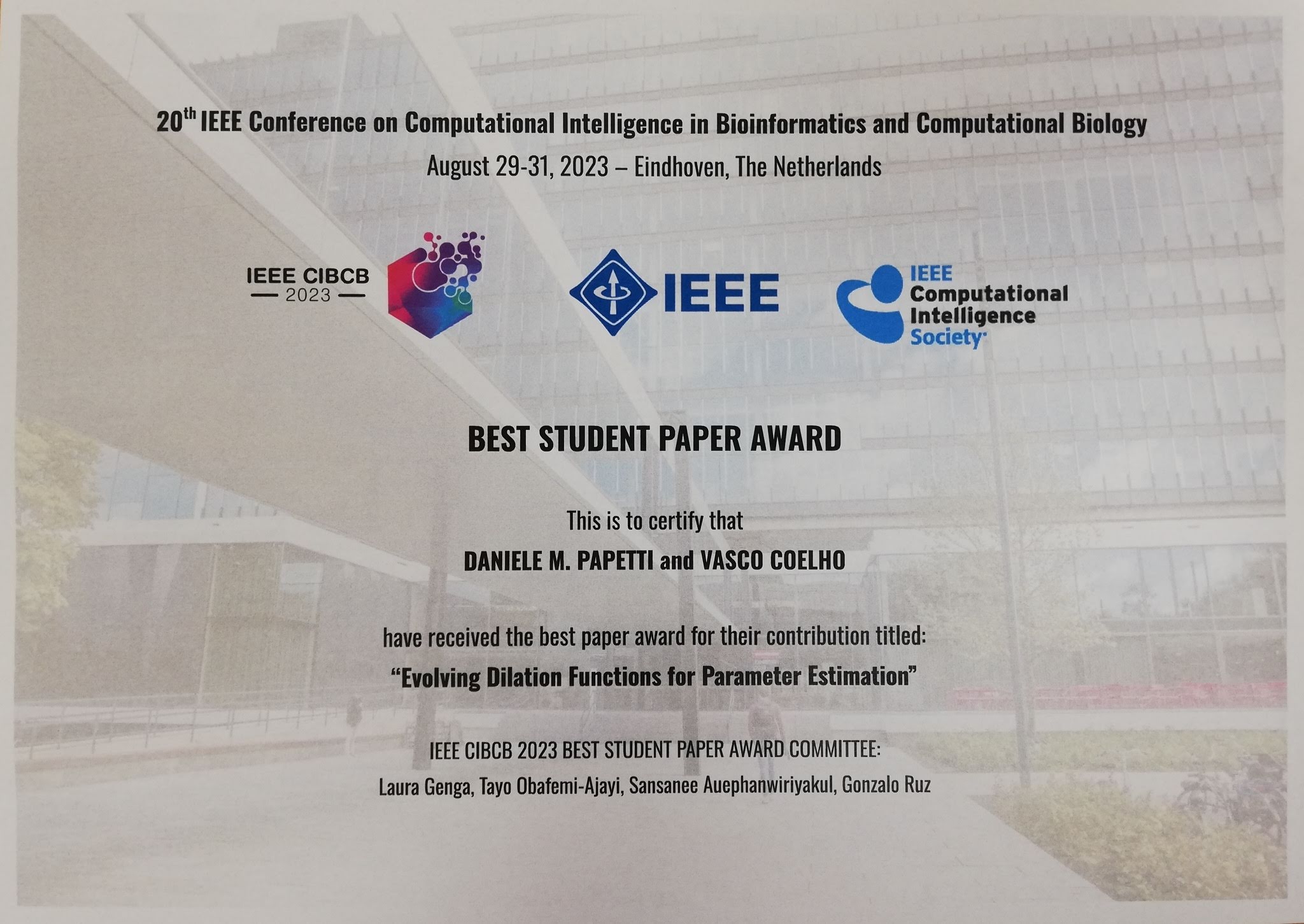 "Best Student Paper Award" ai dottorandi Daniele M. Papetti e Vasco Coelho | Dipartimento di ...